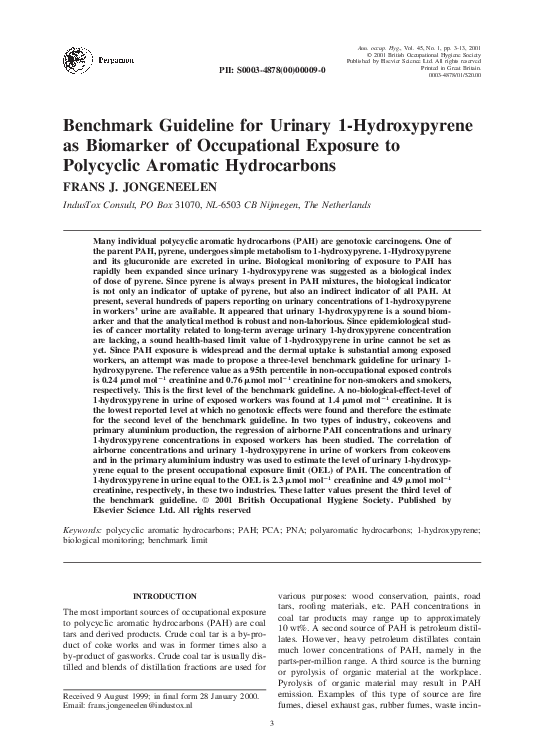 (PDF) Benchmark Guideline for Urinary 1-Hydroxypyrene as Biomarker of Occupational Exposure to ...