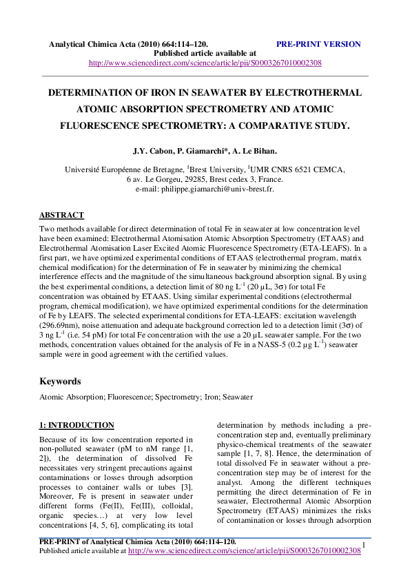 Pdf Determination Of Iron In Seawater By Electrothermal Atomic