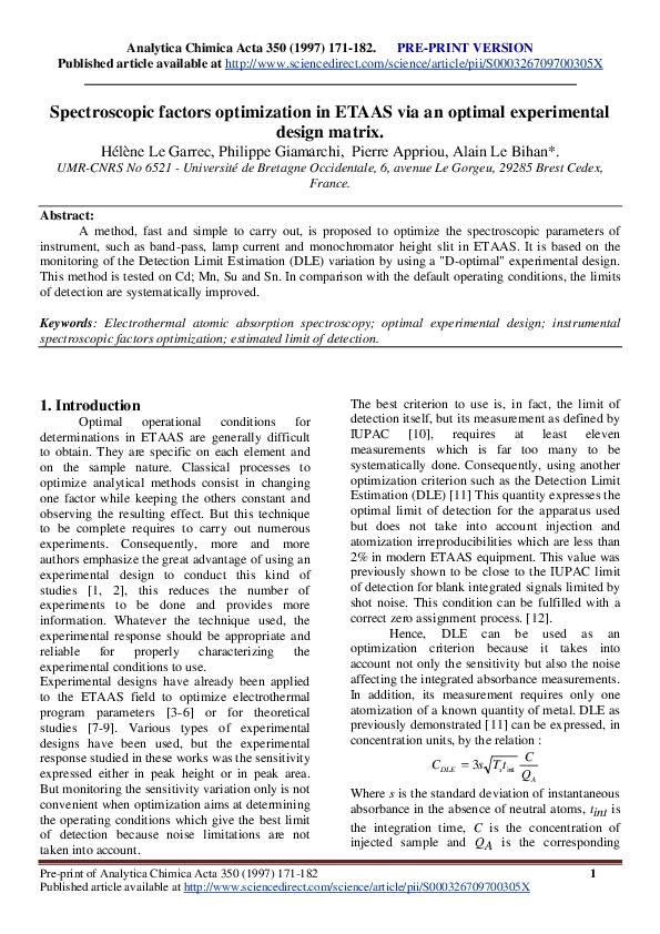 (PDF) Spectroscopic factors optimization in electrothermal atomic absorption spectrometry via an ...
