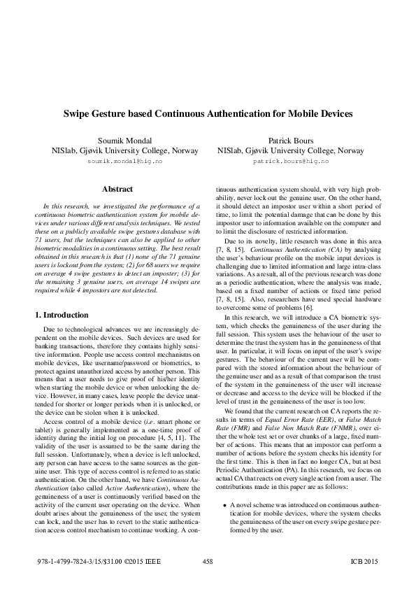 Pdf Swipe Gesture Based Continuous Authentication For Mobile Devices 1610
