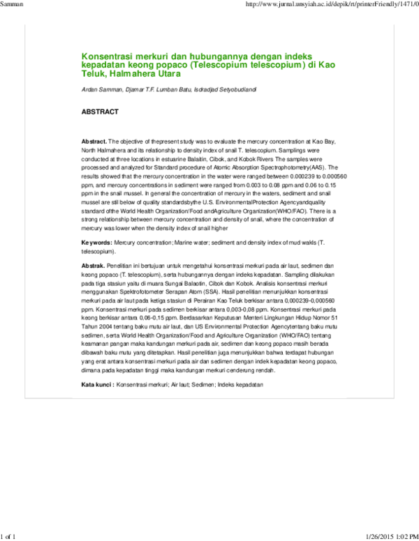 (PDF) Konsentrasi merkuri dan hubungannya dengan indeks kepadatan keong ...