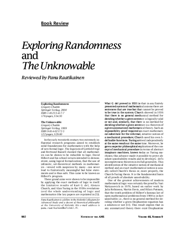 (PDF) Exploring Randomness and The Unknowable (PDF) Exploring Randomness and The Unknowable