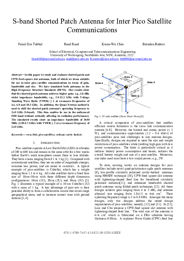 (PDF) S-band Shorted Patch Antenna for Inter Pico Satellite Communications