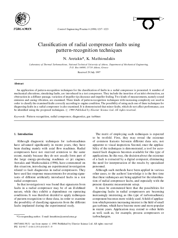 Classification Of Radial Compressor Faults Using Pattern Recognition Techniques