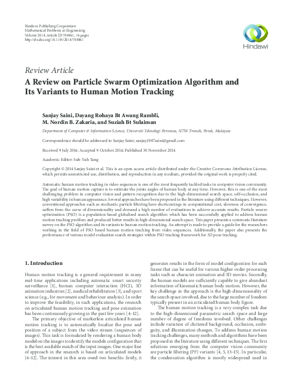 Pdf A Review On Particle Swarm Optimization Algorithm And Its Variants To Human Motion Tracking