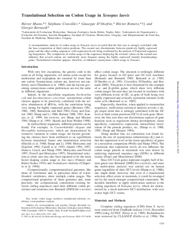 (PDF) Translational Selection on Codon Usage in Xenopus laevis