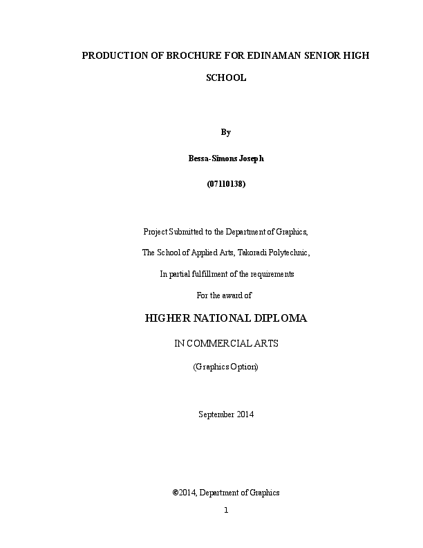 (DOC) PRODUCTION OF A BROCHURE FOR EDINAMAN SENIOR HIGH SCHOOL