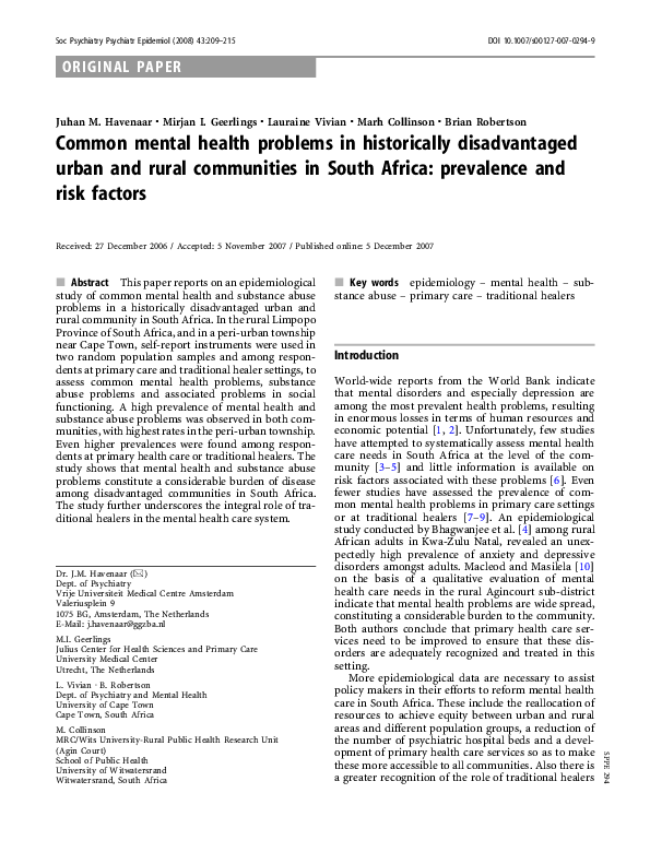 (PDF) Common mental health problems in historically disadvantaged urban ...