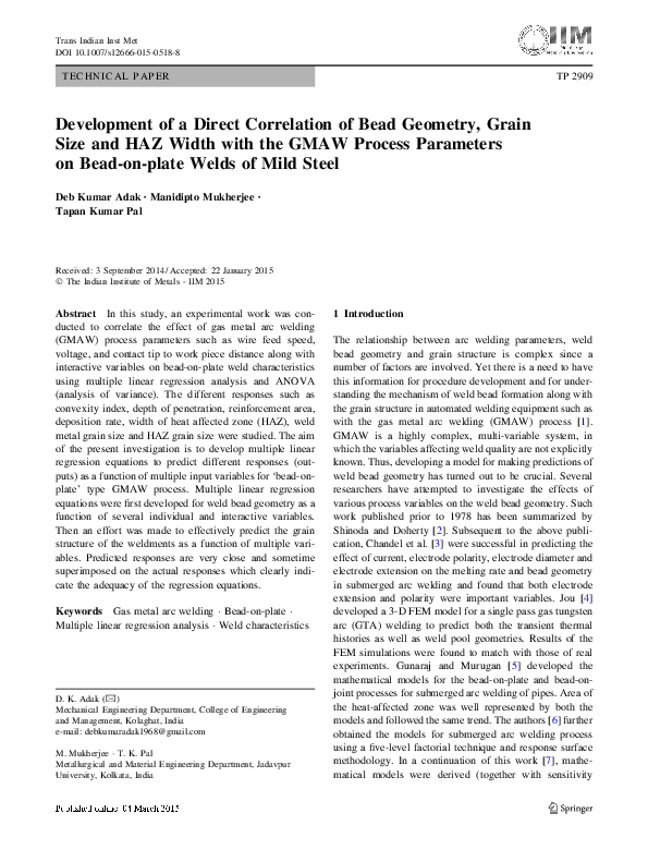 (PDF) Development of a Direct Correlation of Bead Geometry, Grain Size and HAZ Width with the ...
