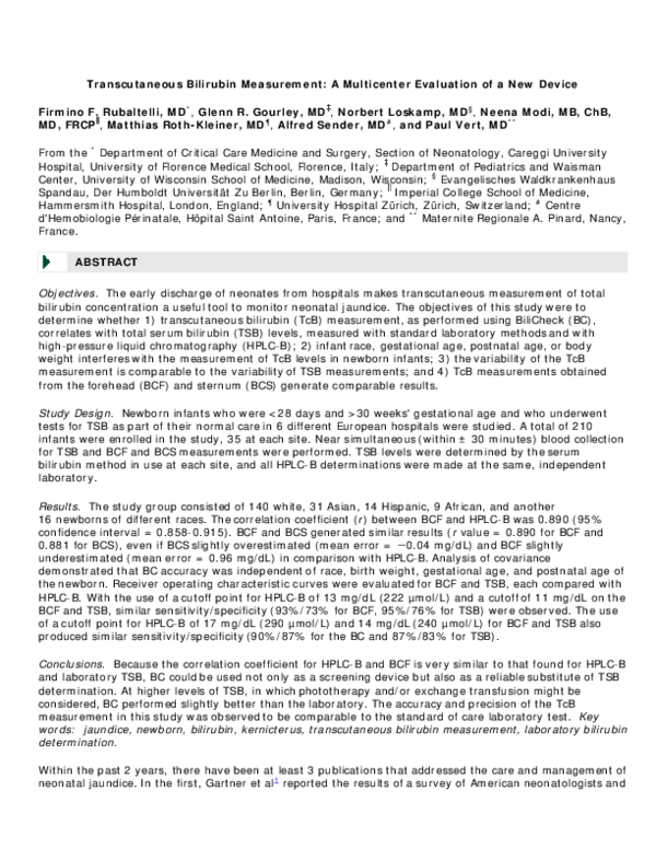(PDF) Transcutaneous Bilirubin Measurement: A Multicenter Evaluation of ...
