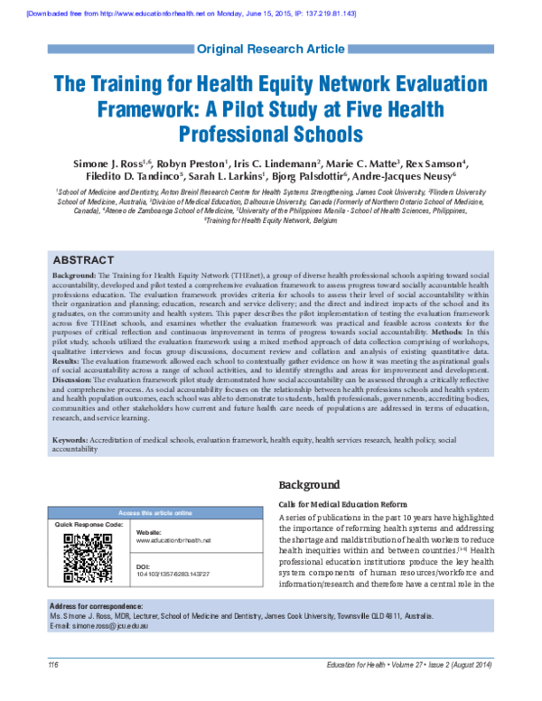 (PDF) The training for health equity network evaluation framework: A ...
