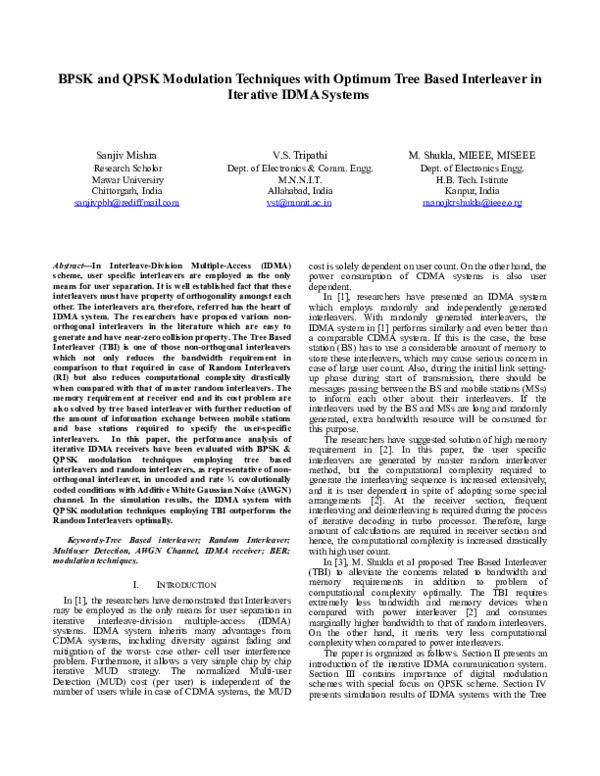 Doc Bpsk And Qpsk Modulation Techniques With Optimum Tree Based Interleaver In Iterative Idma