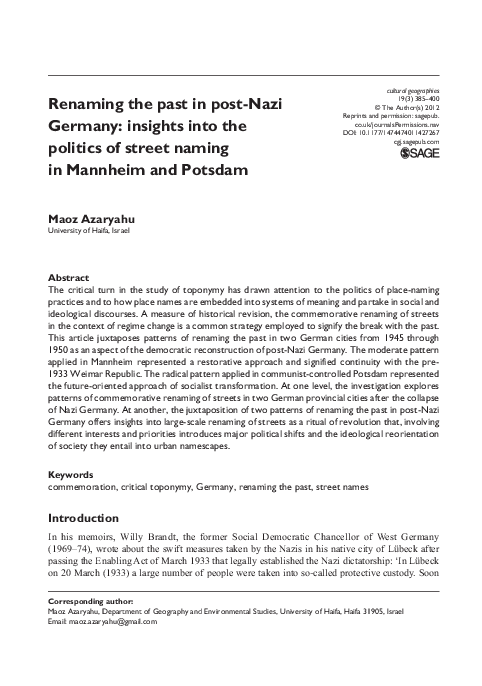 (PDF) Renaming the past in post-Nazi Germany: insights into the ...
