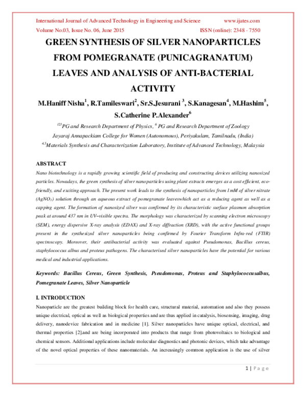 (PDF) GREEN SYNTHESIS OF SILVER NANOPARTICLES FROM POMEGRANATE (PUNICAGRANATUM) LEAVES AND ...