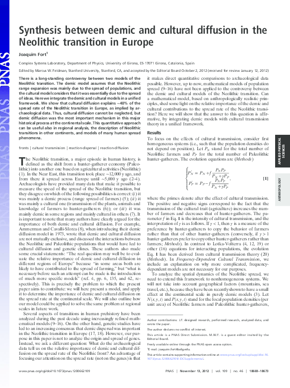 (PDF) Synthesis between demic and cultural diffusion in the Neolithic ...