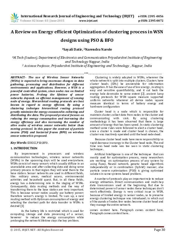 Pdf Irjet A Review On Energy Efficient Optimization Of Clustering Process In Wsn Designs Using