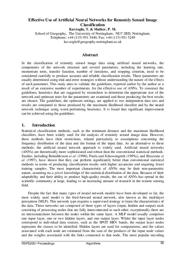 Pdf Effective Use Of Artificial Neural Networks For Remotely Sensed Image Classification