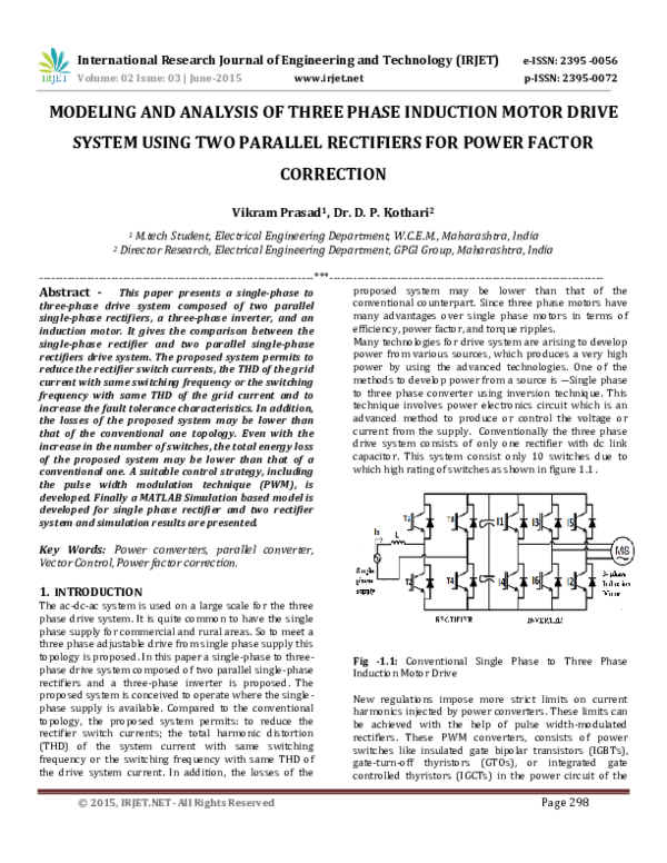 Pdf Irjet Modeling And Analysis Of Three Phase Induction Motor Drive System Using Two Parallel