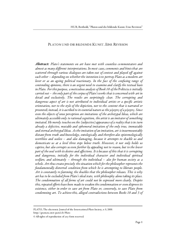 (PDF) Platon und die bildende Kunst. Eine Revision, in: Plato: The ...