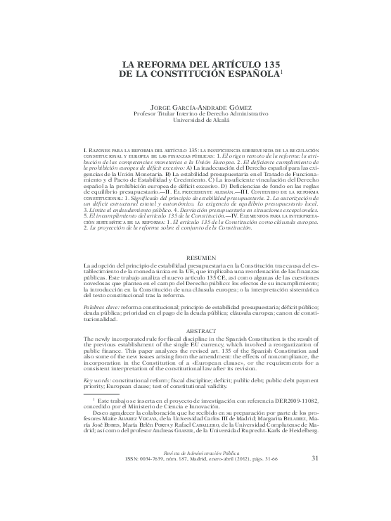 (PDF) La reforma del artículo 135 de la Constitución Española