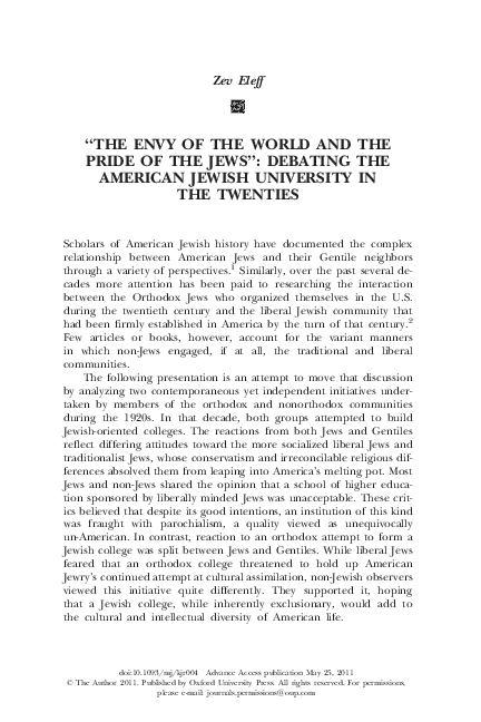 (PDF) “‘The Envy of the World and the Pride of the Jews’: Debating the ...