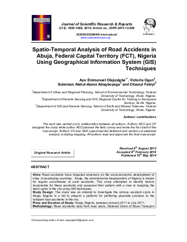 (PDF) Spatio-Temporal Analysis of Road Accidents in Abuja, Federal Capital Territory (FCT ...