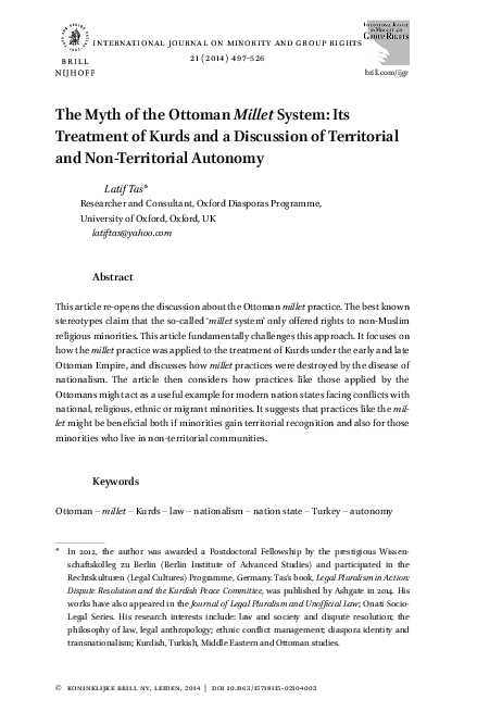 (PDF) The Myth of the Ottoman Millet System: Its Treatment of Kurds and ...