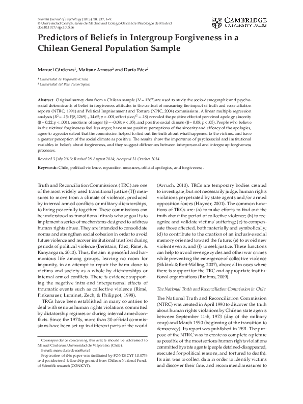 (PDF) Predictors of Beliefs in Intergroup Forgiveness in a Chilean ...
