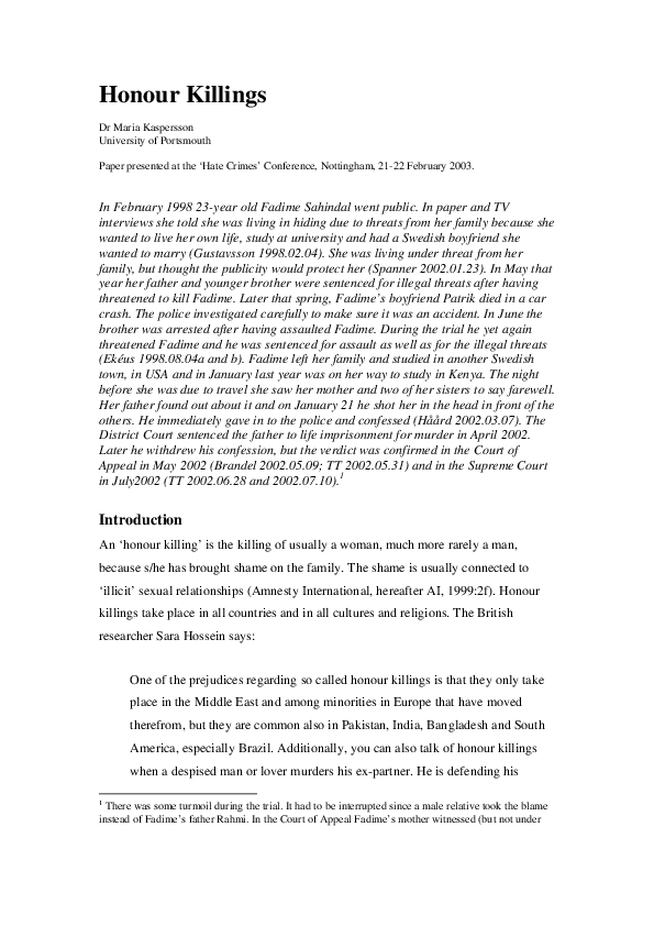 (PDF) Honour Killings as Hate Crimes