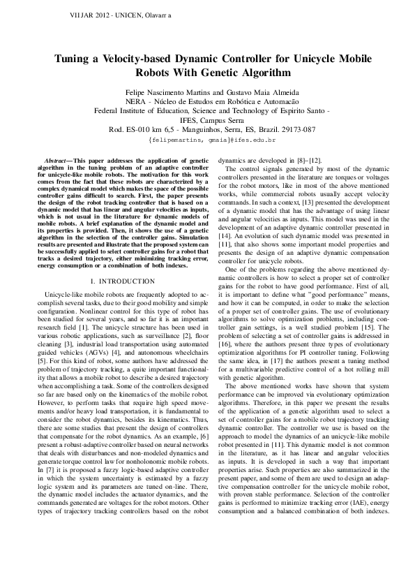 Pdf Tuning A Velocity Based Dynamic Controller For Unicycle Mobile Robots With Genetic Algorithm