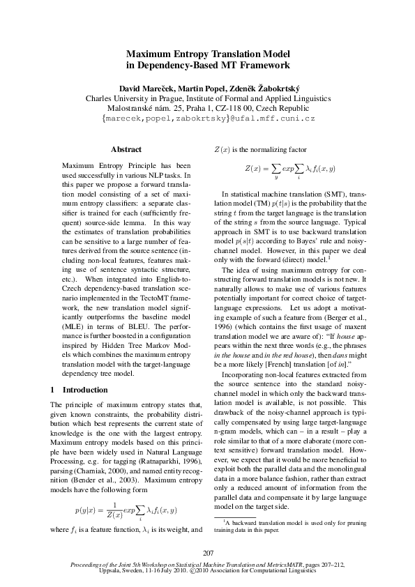 (PDF) Maximum Entropy Translation Model in Dependency-Based MT Framework