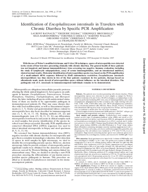 (PDF) Identification of Encephalitozoon intestinalis in Travelers with ...