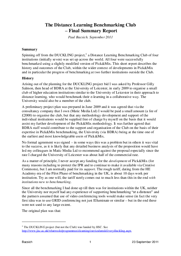 (PDF) The Distance Learning Benchmarking Club: Final Summary Report