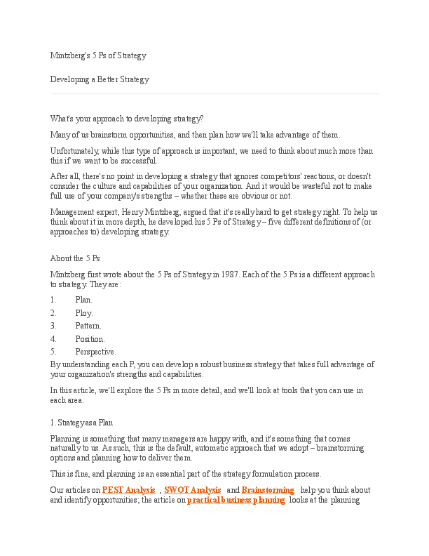 (DOC) Mintzberg's 5 Ps of Strategy Developing a Better Strategy