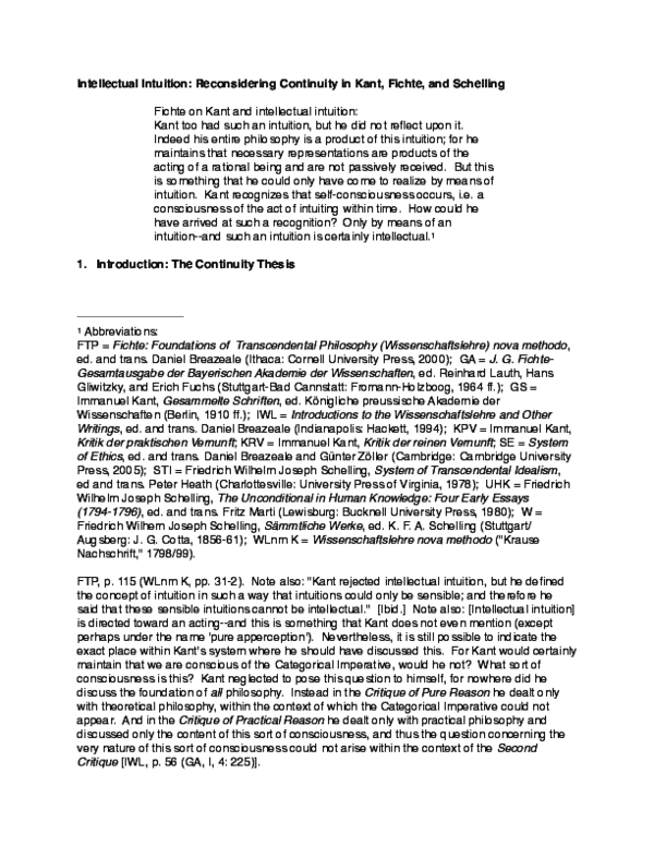 (PDF) Intellectual Intuition: Reconsidering Continuity in Kant, Fichte ...