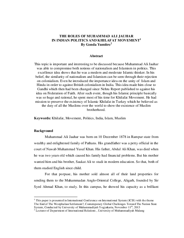 (PDF) THE ROLES OF MUHAMMAD ALI JAUHAR IN INDIAN POLITICS AND KHILAFAT ...