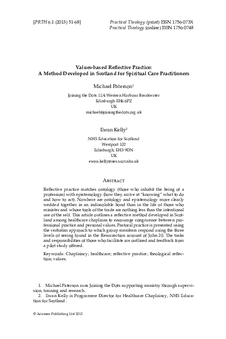 Values-based Reflective Practice: A Method Developed in Scotland for Spiritual Care Practitioners