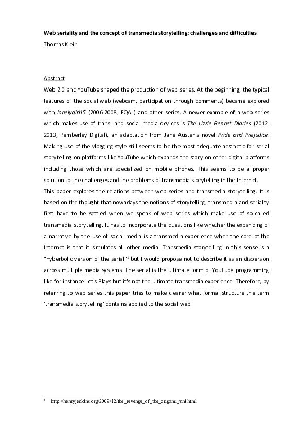 (PDF) Webseries and the Concept of Transmedia Storytelling: Challenges ...