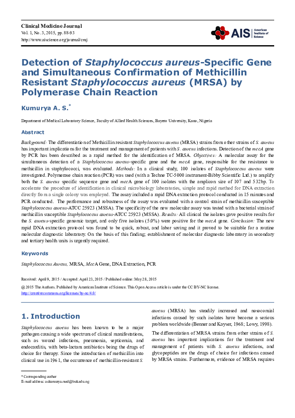 Pdf Pcr Detection Of Staphylococcus Aureus And Meca Gene In Patients