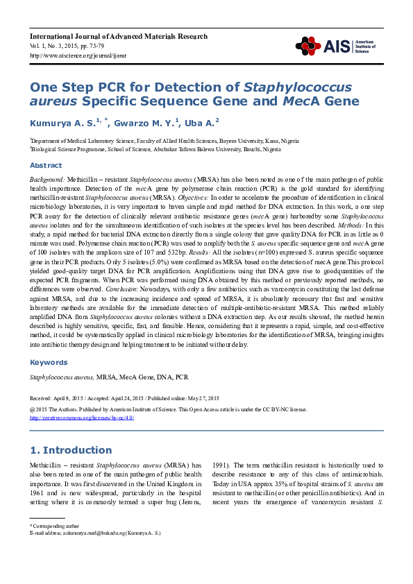 (PDF) PCR detection of Staphylococcus aureus and mecA gene in patients with invasive infections ...