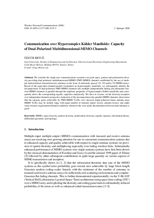 (PDF) Communication over Hypercomplex K¨ahler Manifolds: Capacity of ...