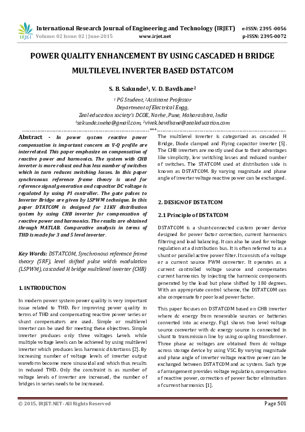 (PDF) IRJET-POWER QUALITY ENHANCEMENT BY USING CASCADED H BRIDGE MULTILEVEL INVERTER BASED DSTATCOM