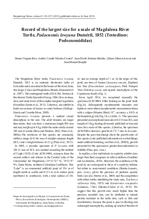 (PDF) Record of the largest size for a male of Magdalena River Turtle ...