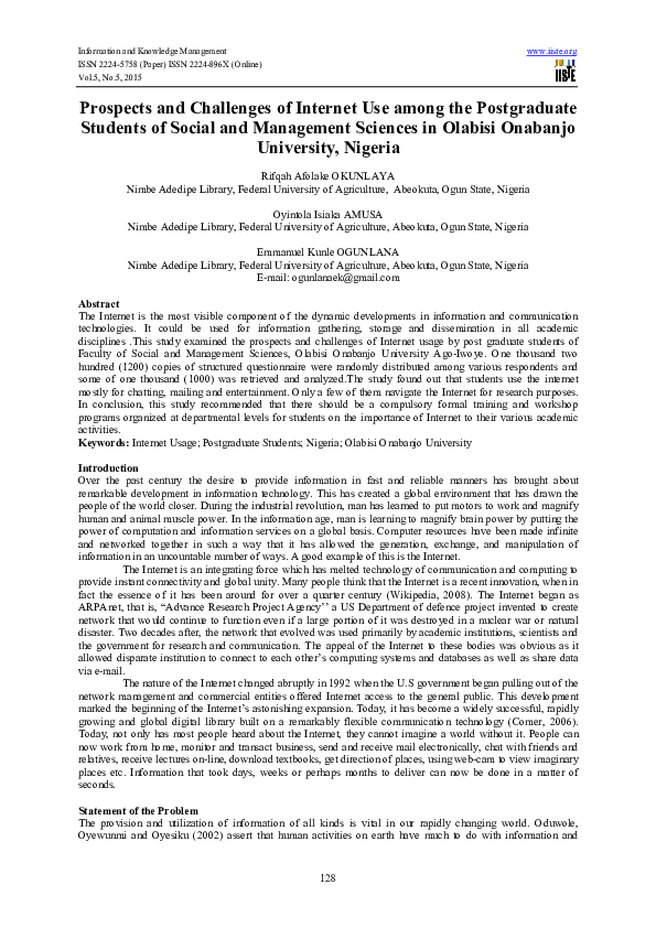 (PDF) Prospects and Challenges of Internet Use among the Postgraduate Students of Social and ...