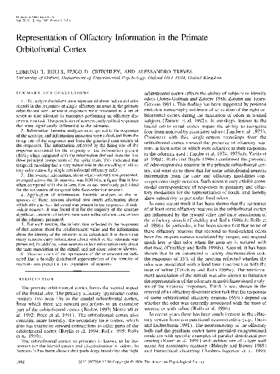 Pdf Representation Of Olfactory Information In The Primate Orbitofrontal Cortex