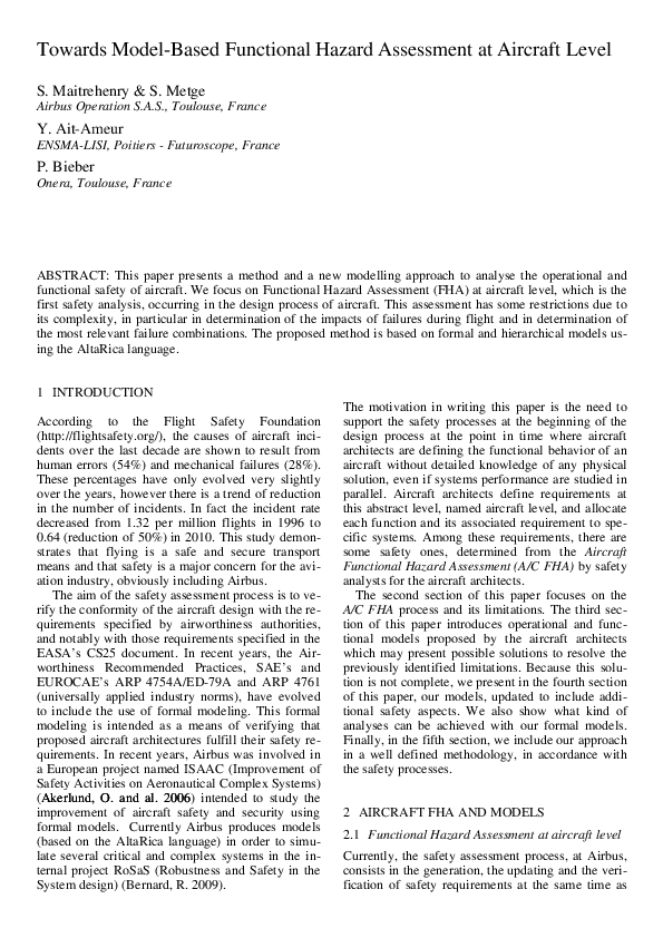 (PDF) Toward Model-Based Functional Hazard Assessment at Aircraft Level