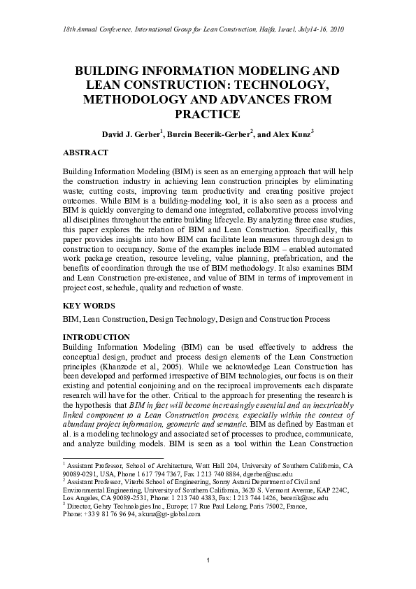 (PDF) BUILDING INFORMATION MODELING AND LEAN CONSTRUCTION: TECHNOLOGY ...