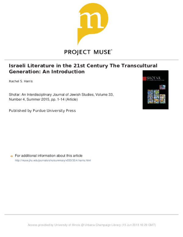 (PDF) Israeli Literature in the 21st Century The Transcultural ...