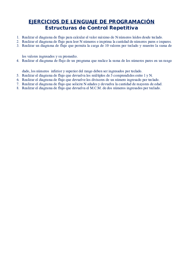 (DOC) EJERCICIOS DE LENGUAJE DE PROGRAMACIÓN Estructuras de Control Repetitiva