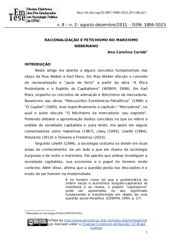 (PDF) Racionalização e fetichismo no Marxismo Weberiano